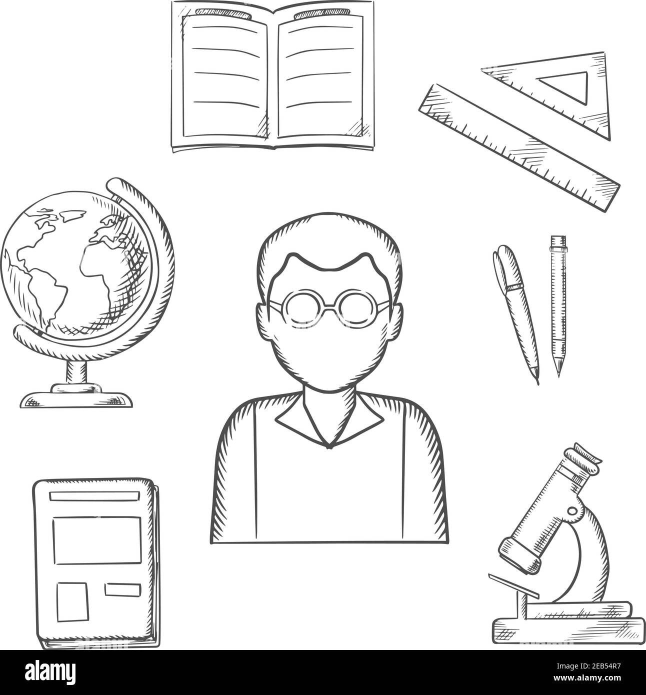 Education sketched design with a teacher surrounded by a notebook and ...