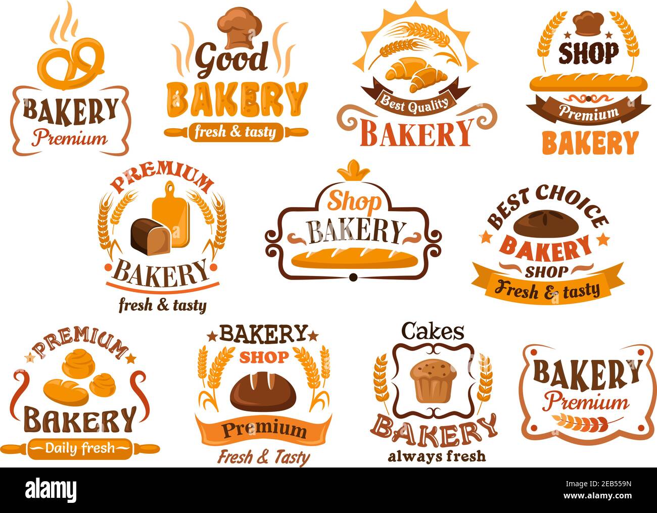 Wheat and rye bread, pastry and bakery shop signboards, icons and ...