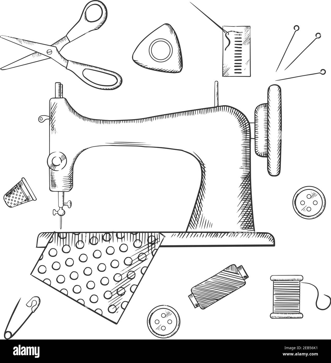 Sketched sewing icons surrounding a sewing machine with pin, thread ...