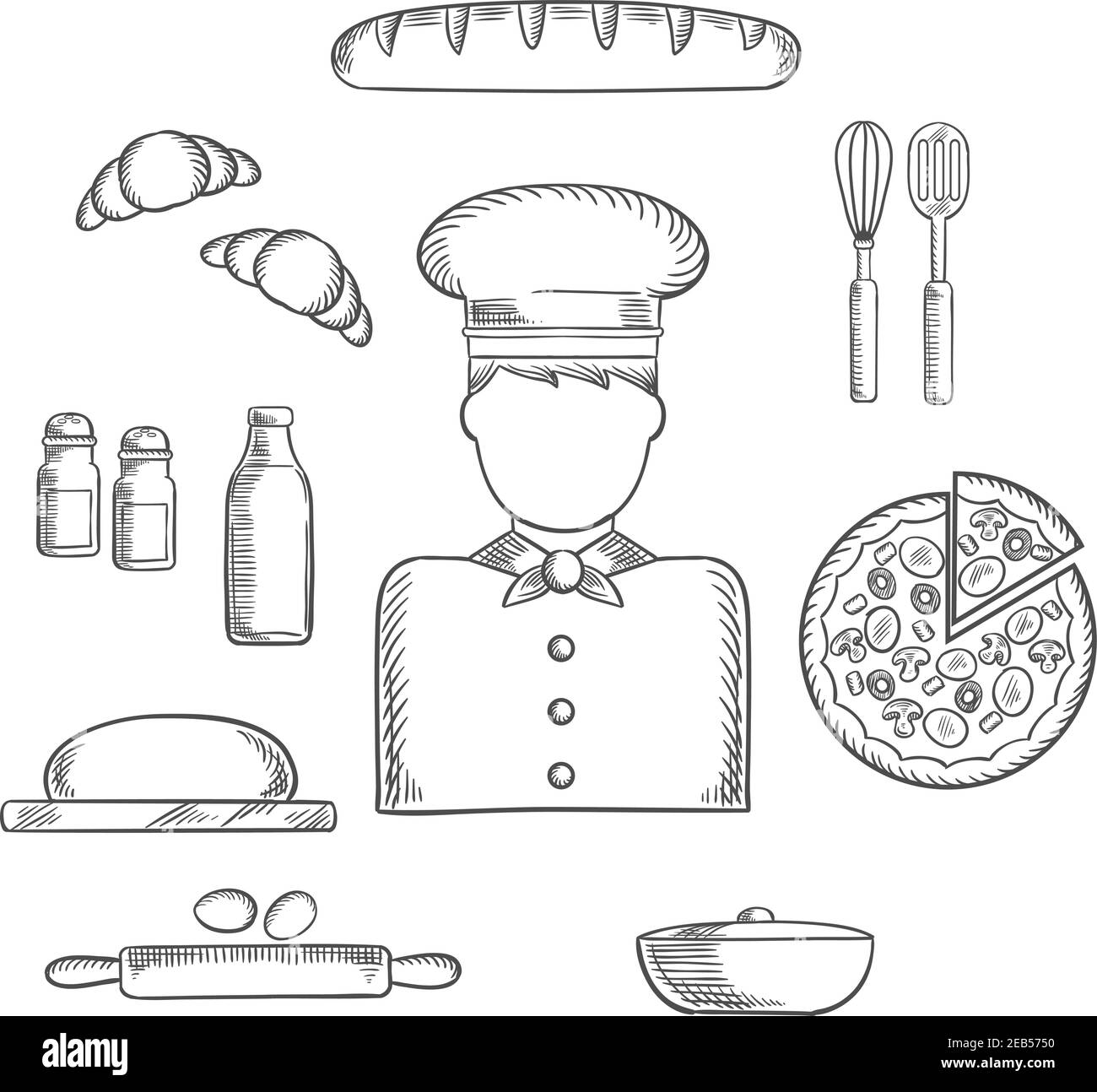 Baker profession sketch icons with chef in toque, pizza, baguette and ...