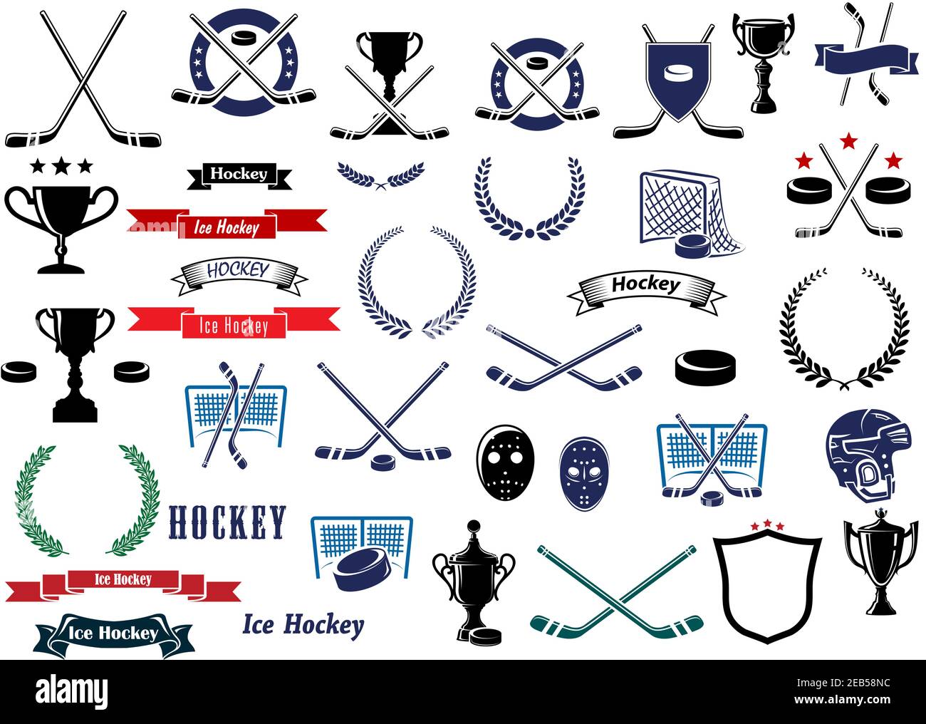 Ice hockey sport game icons, design elements and items with crossed ...