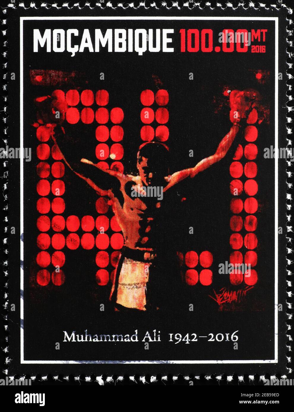 Portrait of Muhammad Ali with red lights on stamp Stock Photo - Alamy