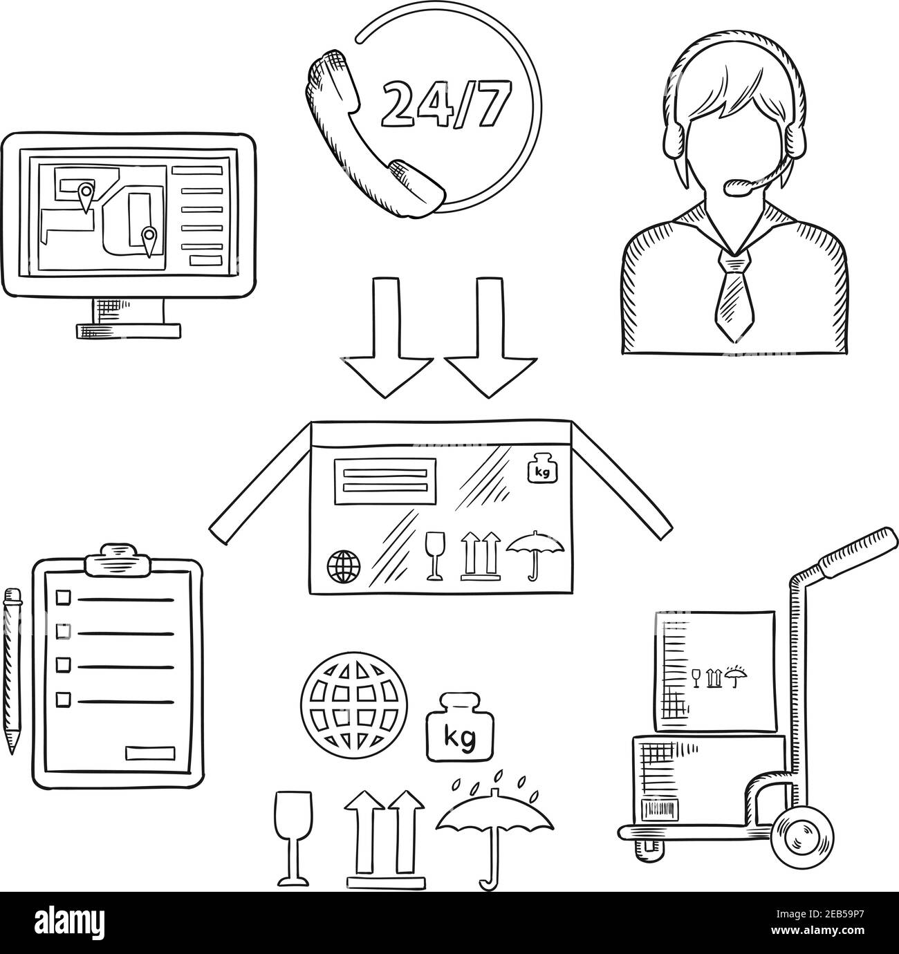 Logistics, shipping and delivery icons with call operator, 24 hours in ...