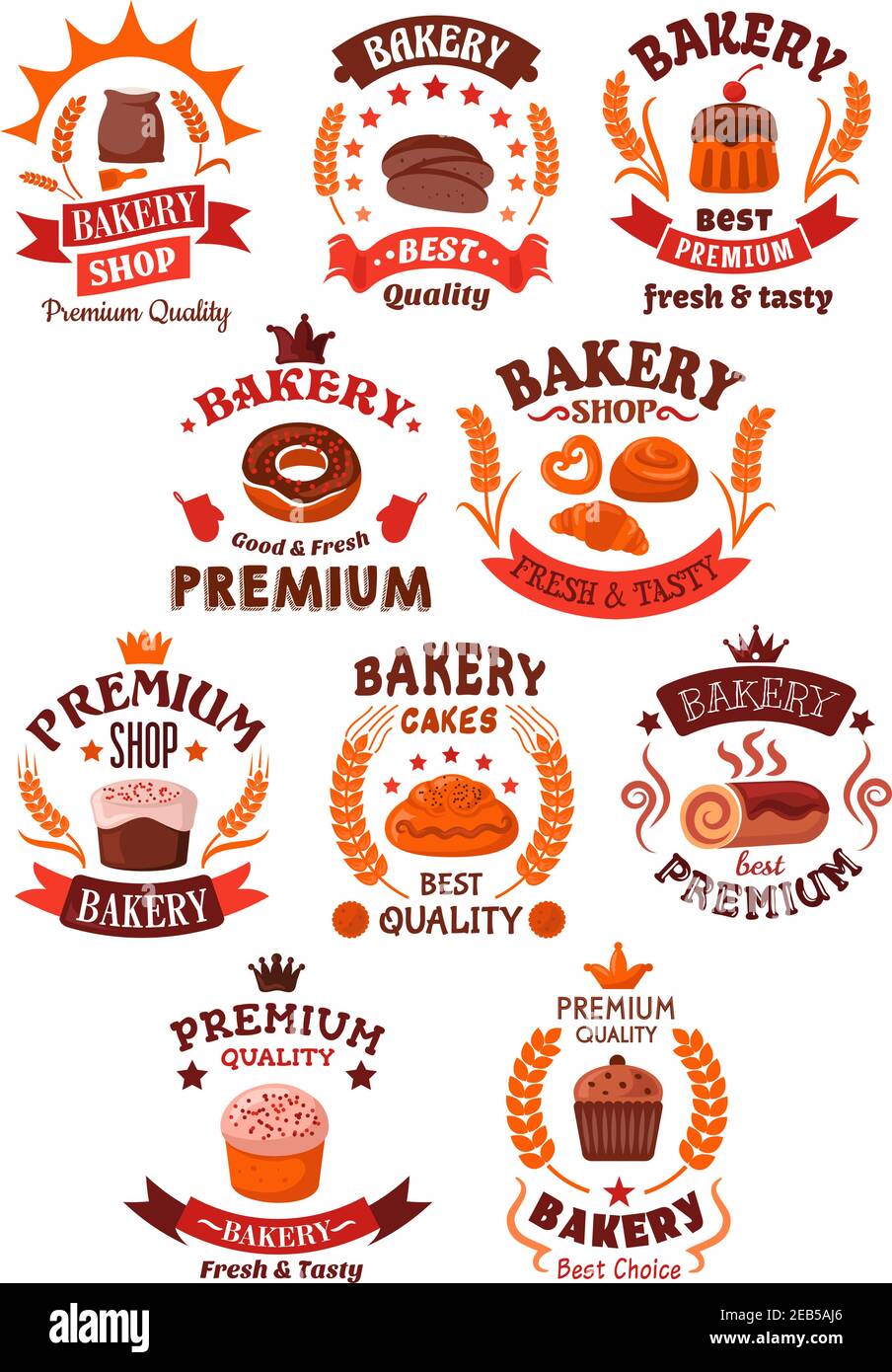Bakery and pastry shop symbols of premium quality bread, buns, cakes ...