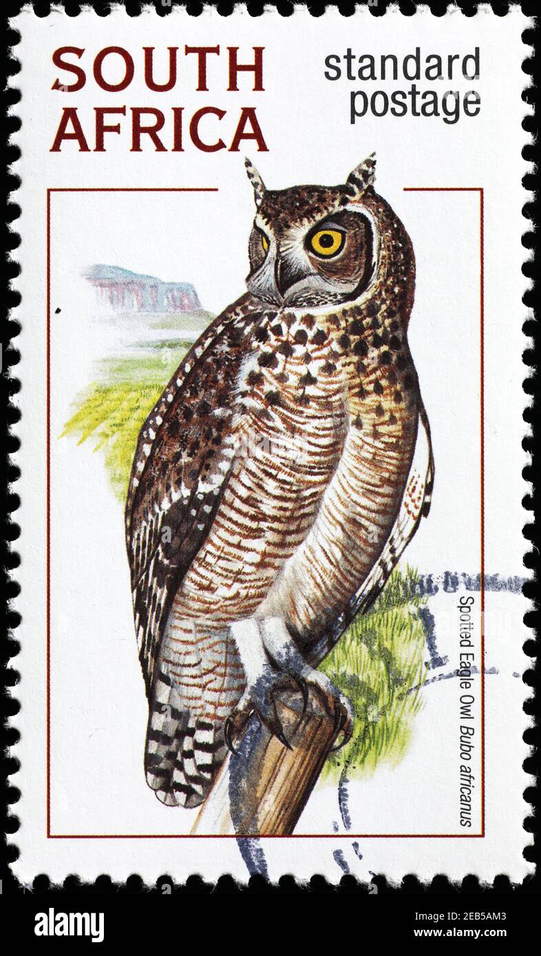Spotted eagle-owl on south african postage stamp Stock Photo - Alamy