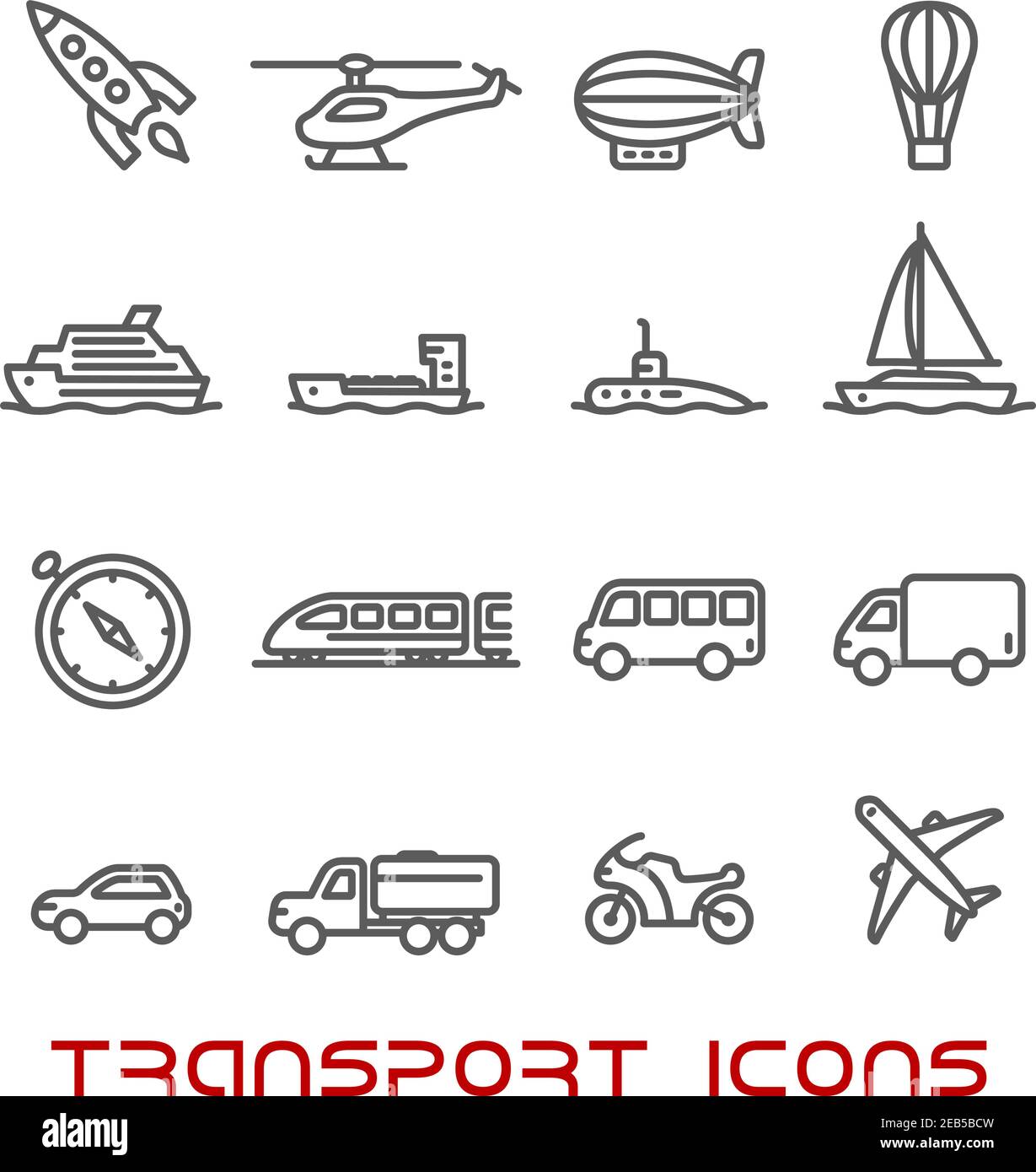 Transportation thin line icons set with car, bus and train, truck and ...