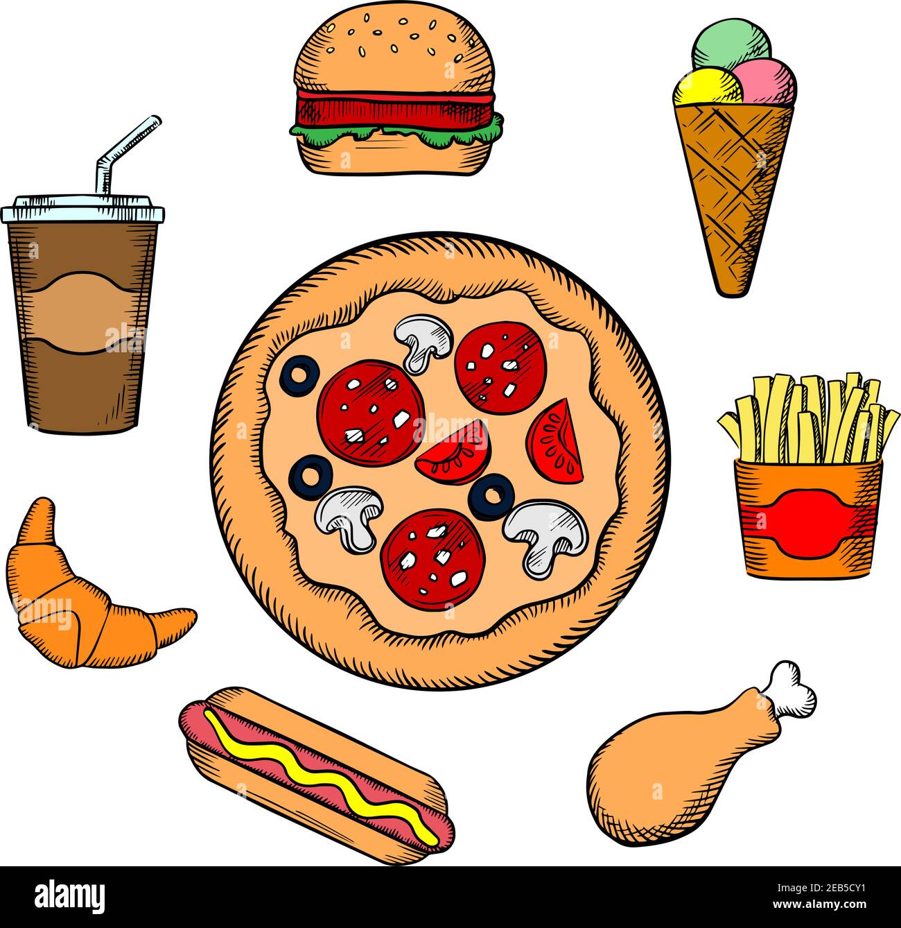 Fast food icons with pepperoni pizza, burger, soda, french fries, ice ...