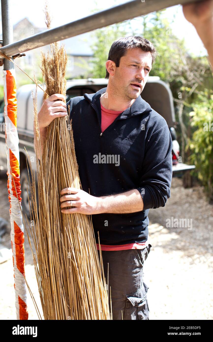 Thatching a Somerset cottage using wheat and traditional hazel spurs ...