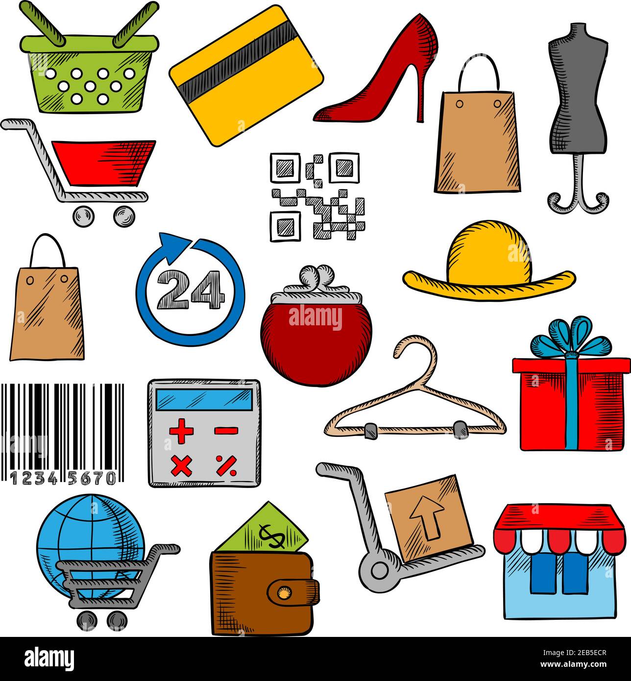 Shopping, retail industry and commerce icons with shopping cart, basket ...
