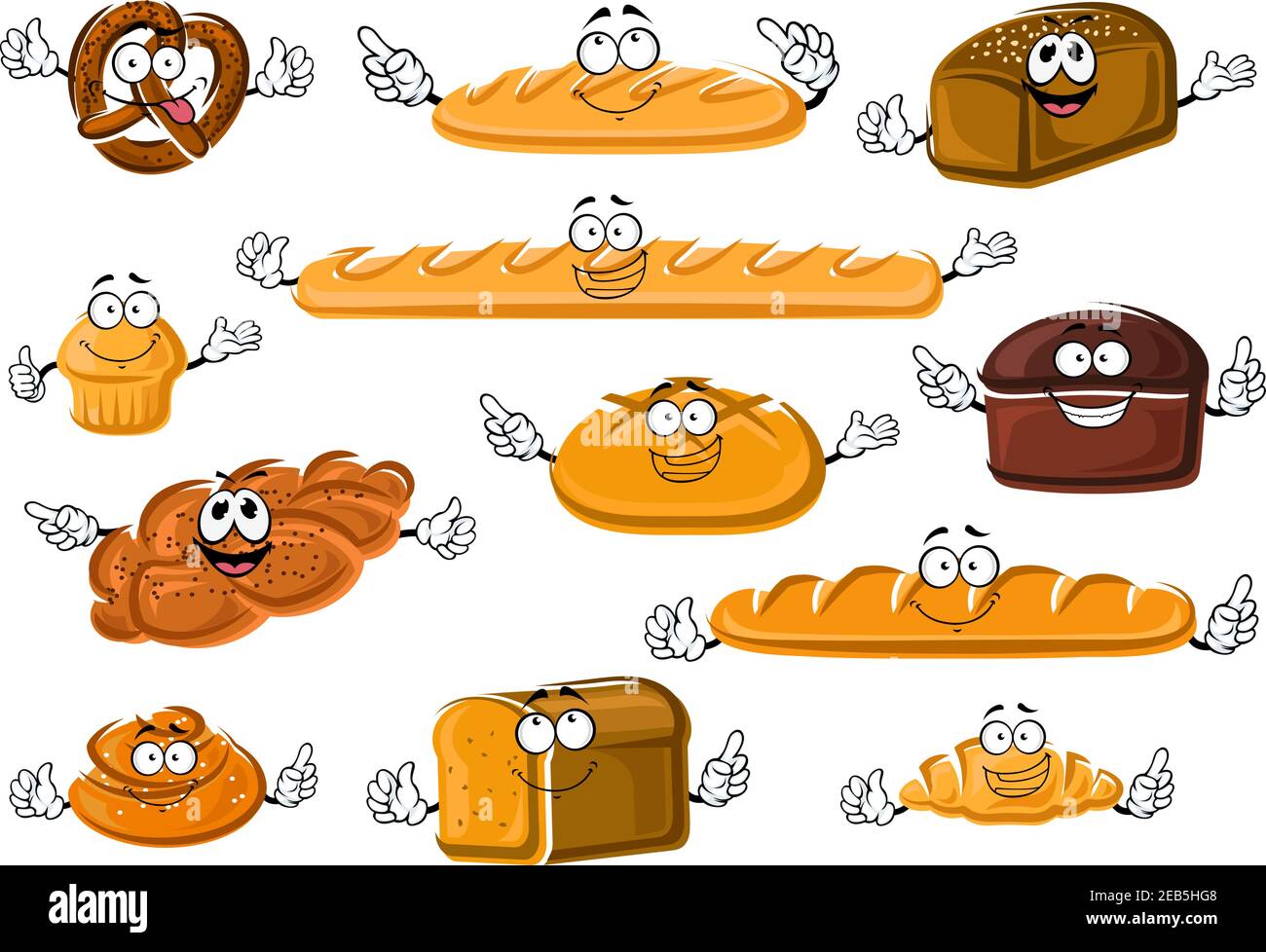 Happy cartoon fresh bakery and pastry products with french baguette and ...