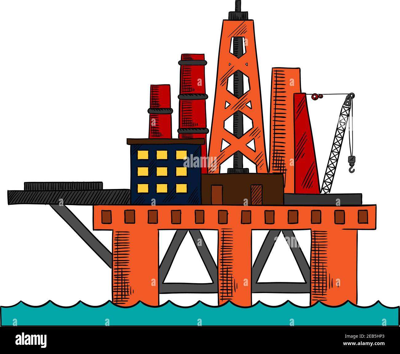 Colorful sketch of sea oil platform rising above the sea drilling for ...