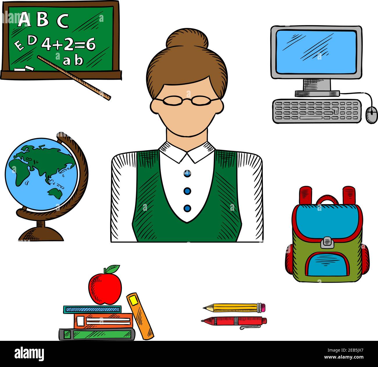 Teacher profession and education icons with woman in glasses surrounded ...