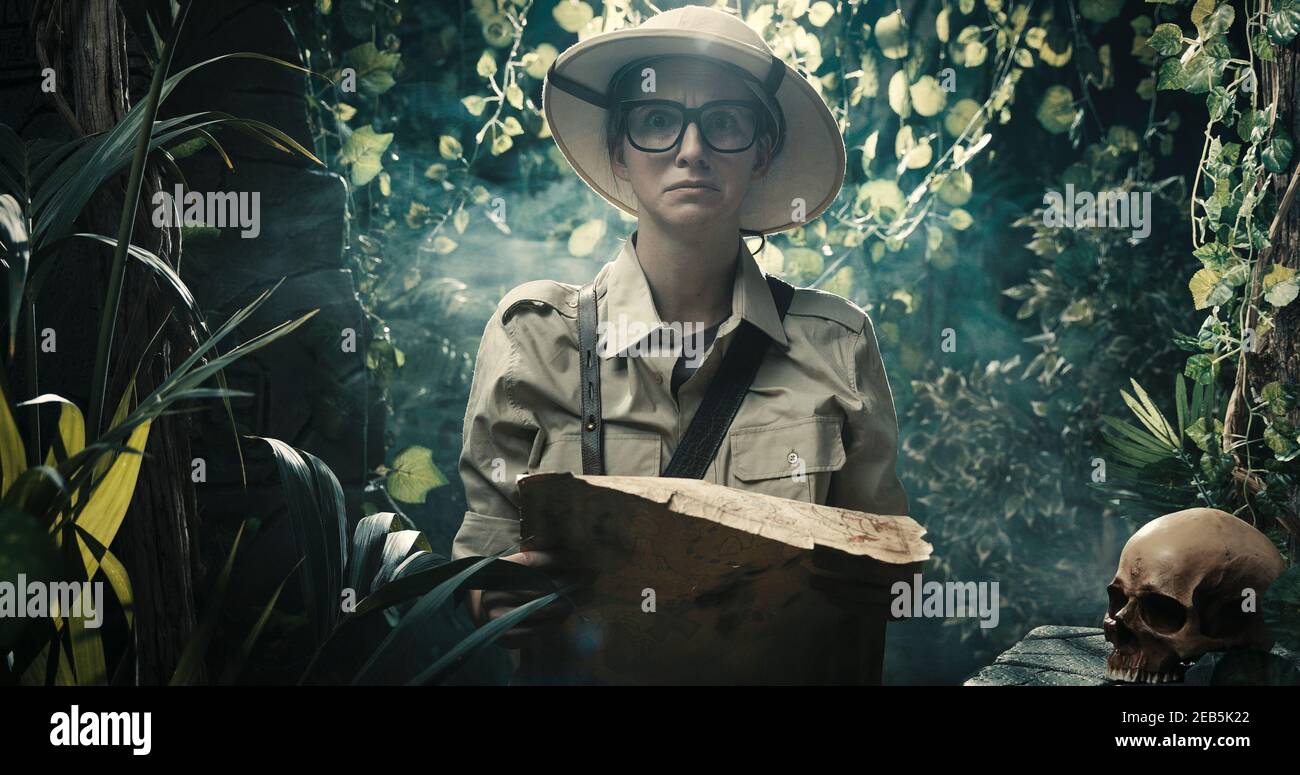 Scared explorer woman helmet hi-res stock photography and images - Alamy