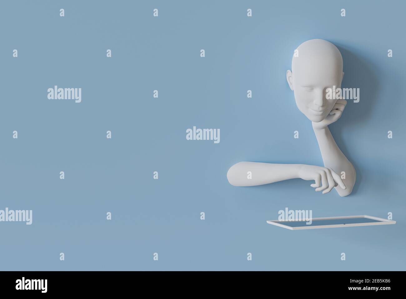 A female head without hair, hands protruding from the wall, holding a ...