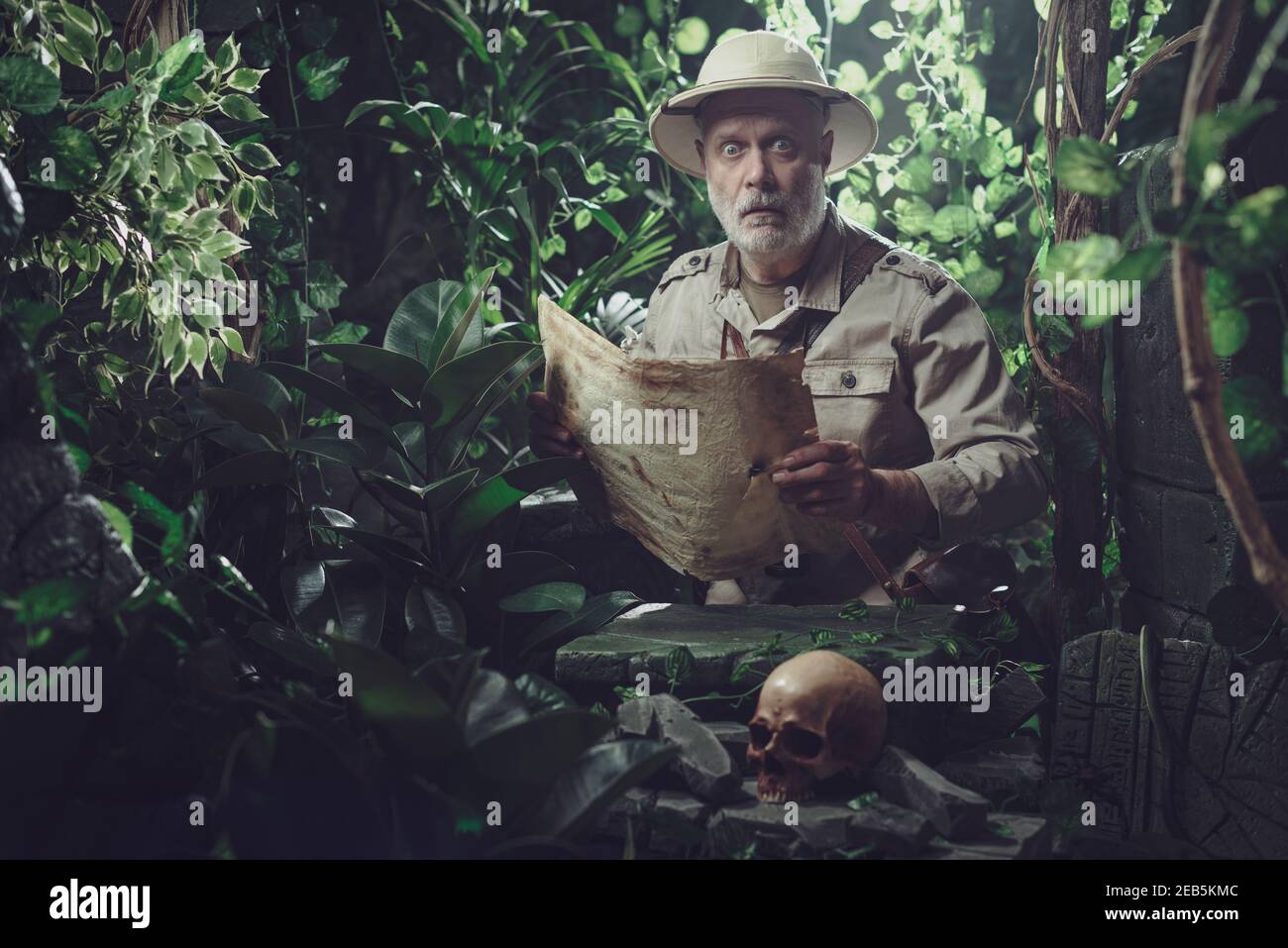 Vintage explorer holding an ancient map and walking in the forest Stock ...