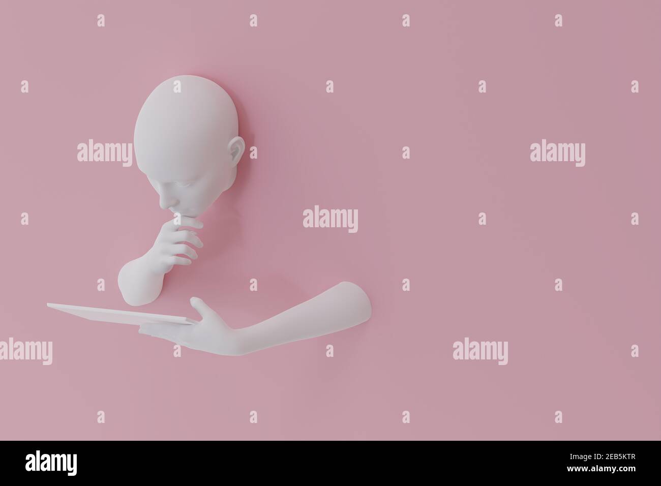 A female head without hair, hands protruding from the wall, holding a ...