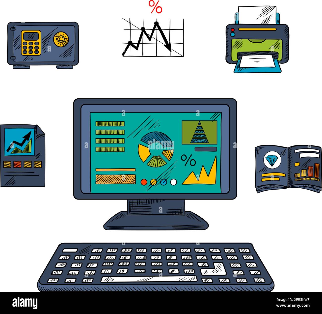 Business, technology and office icons with printer and report, charts ...