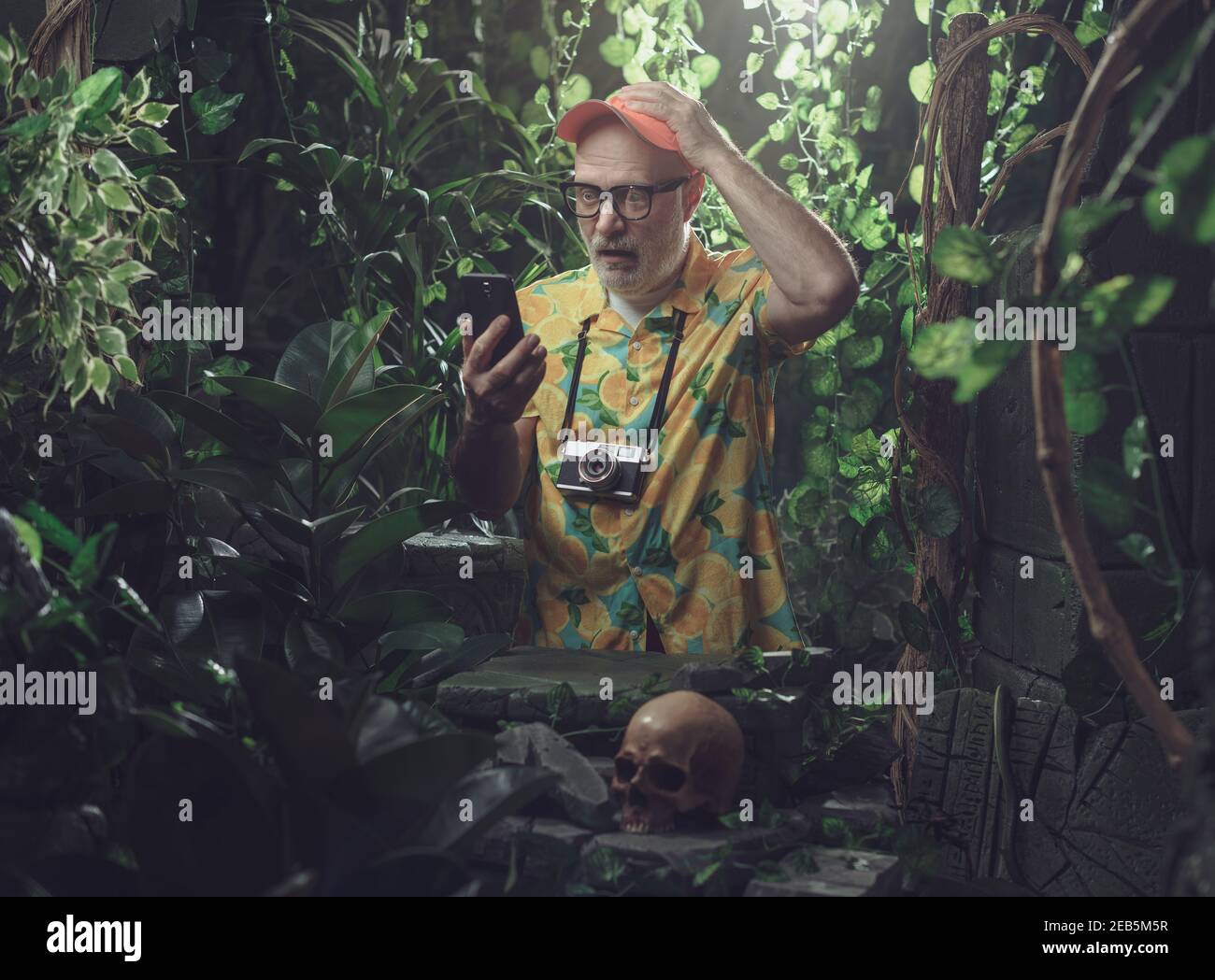 Desperate scared tourist lost in the jungle, he is unable to connect ...