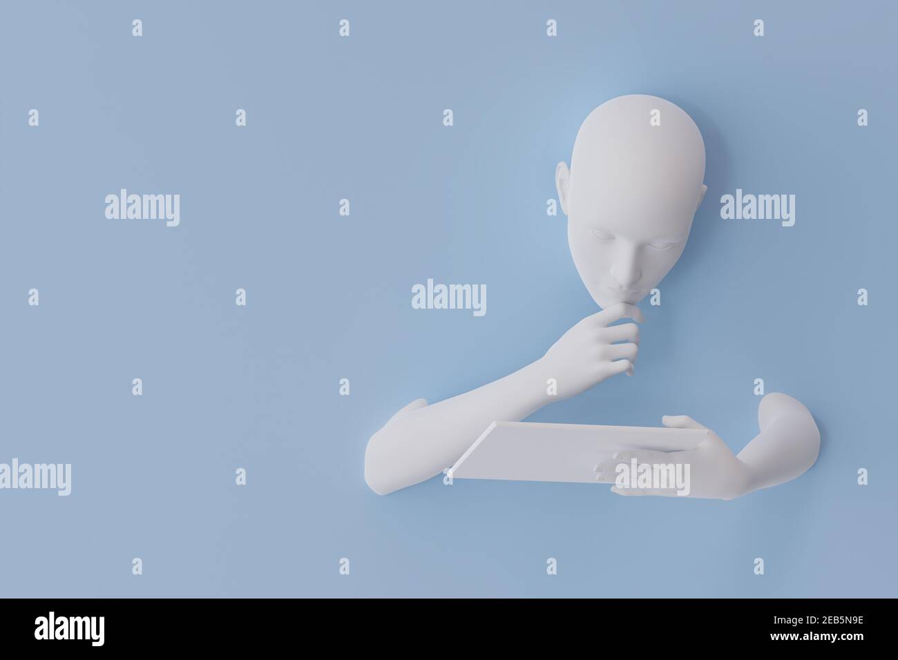 A female head without hair, hands protruding from the wall, holding a ...