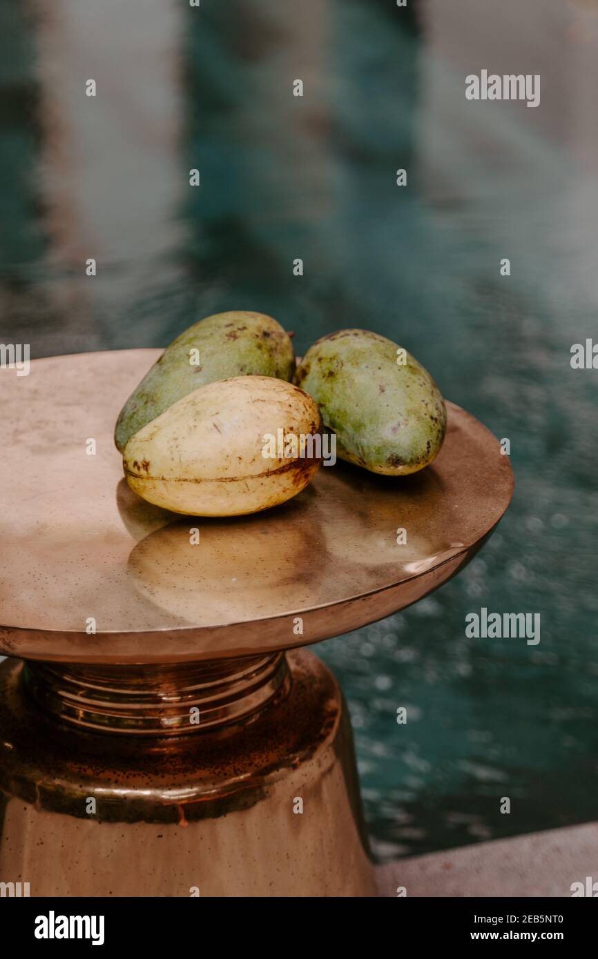 Three green and yellow mangoes laying on golden table with swimming ...