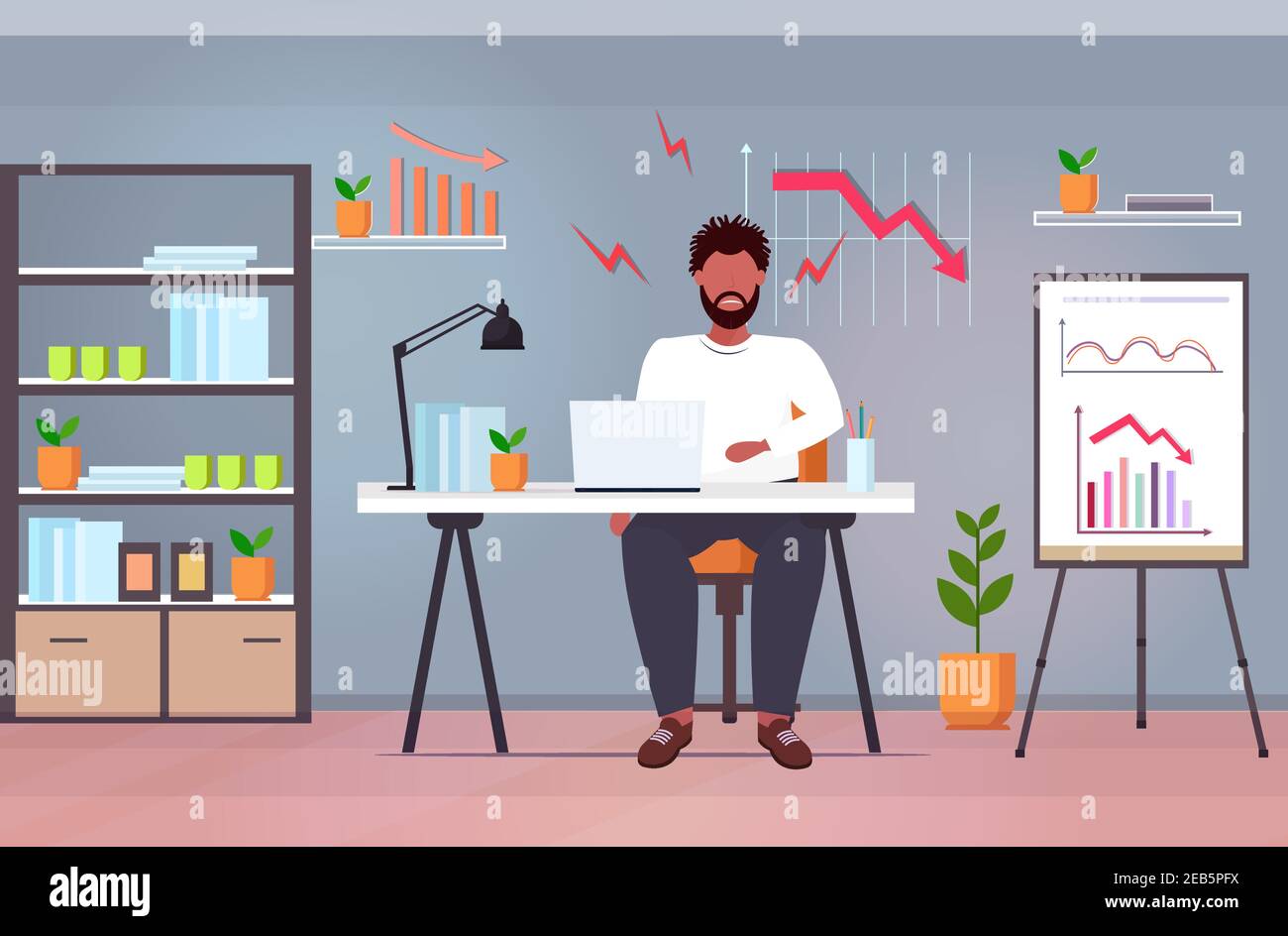 overworked businessman using laptop analyzing downward graph chart ...