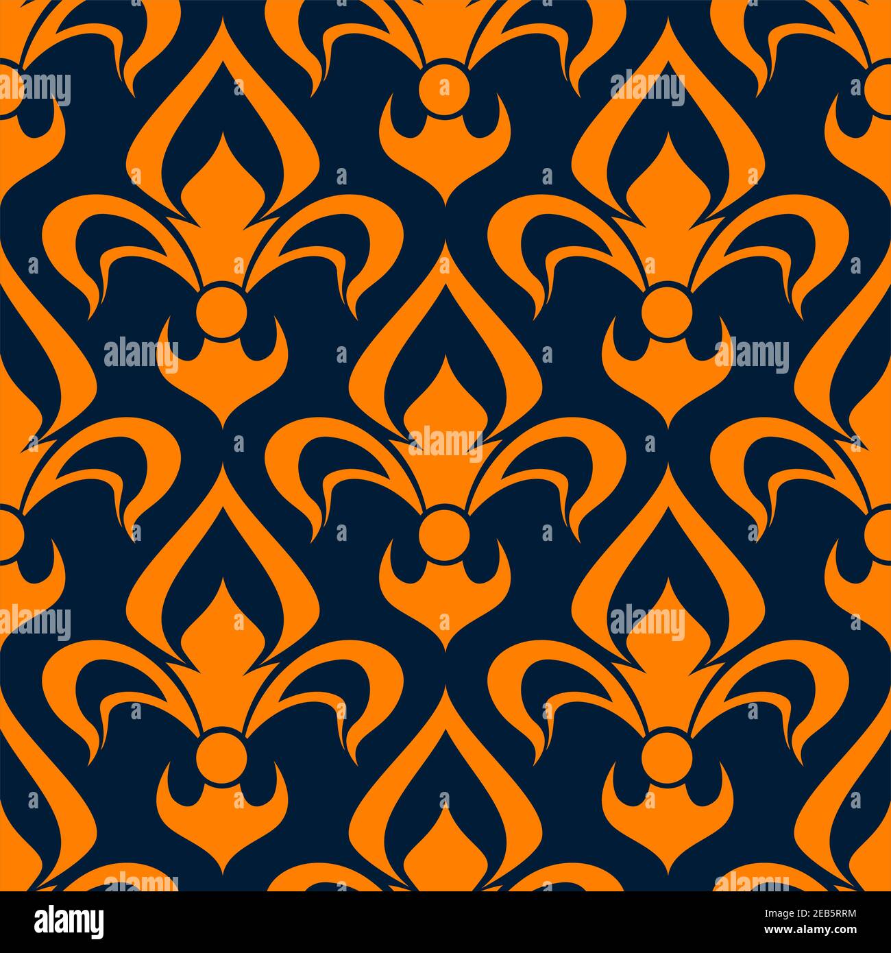 Orange and blue floral seamless pattern. Orange fleur-de-lis flowers on ...