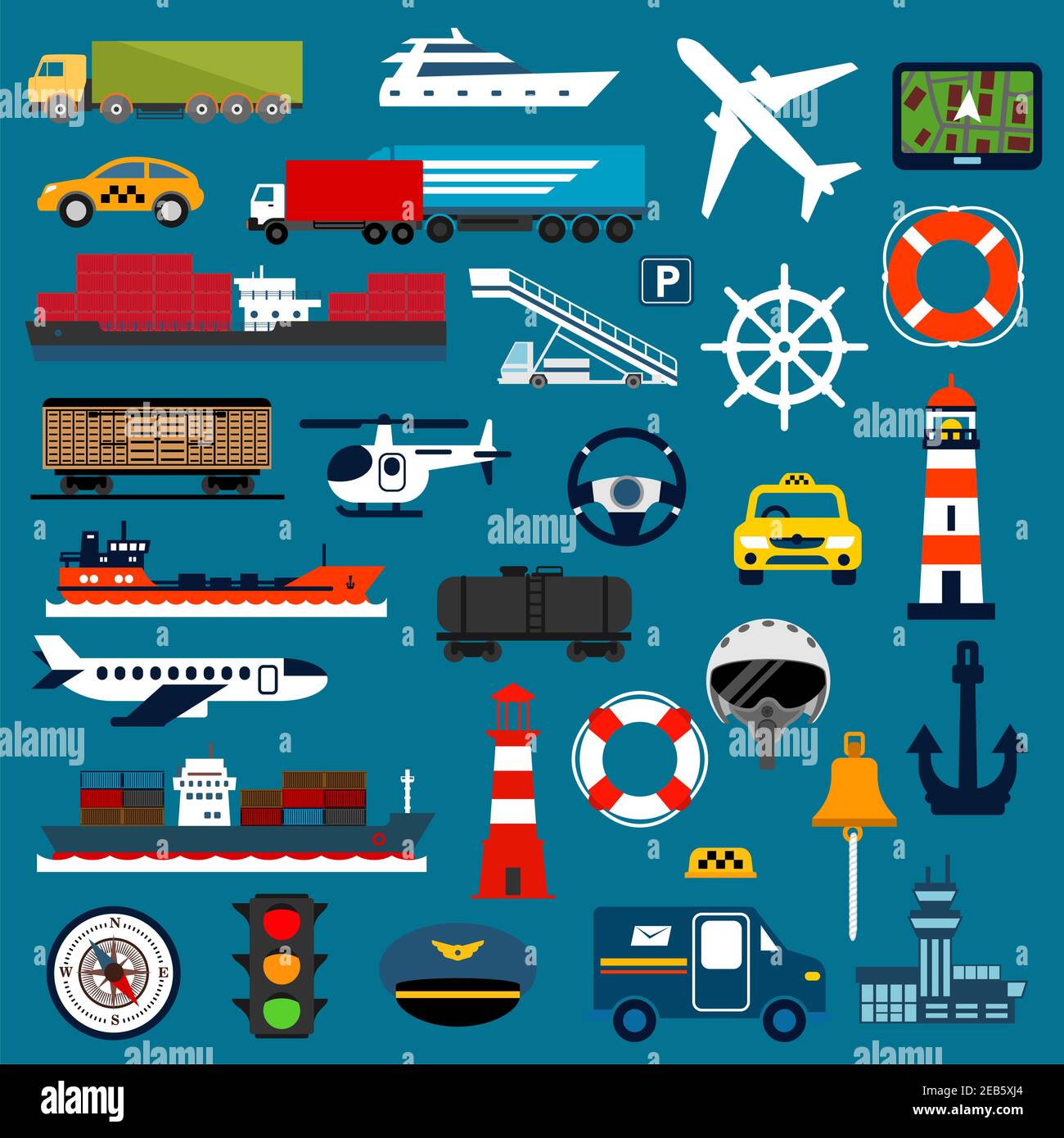 Transportation icons with taxi, trucks, cargo ships, yacht, airplane ...