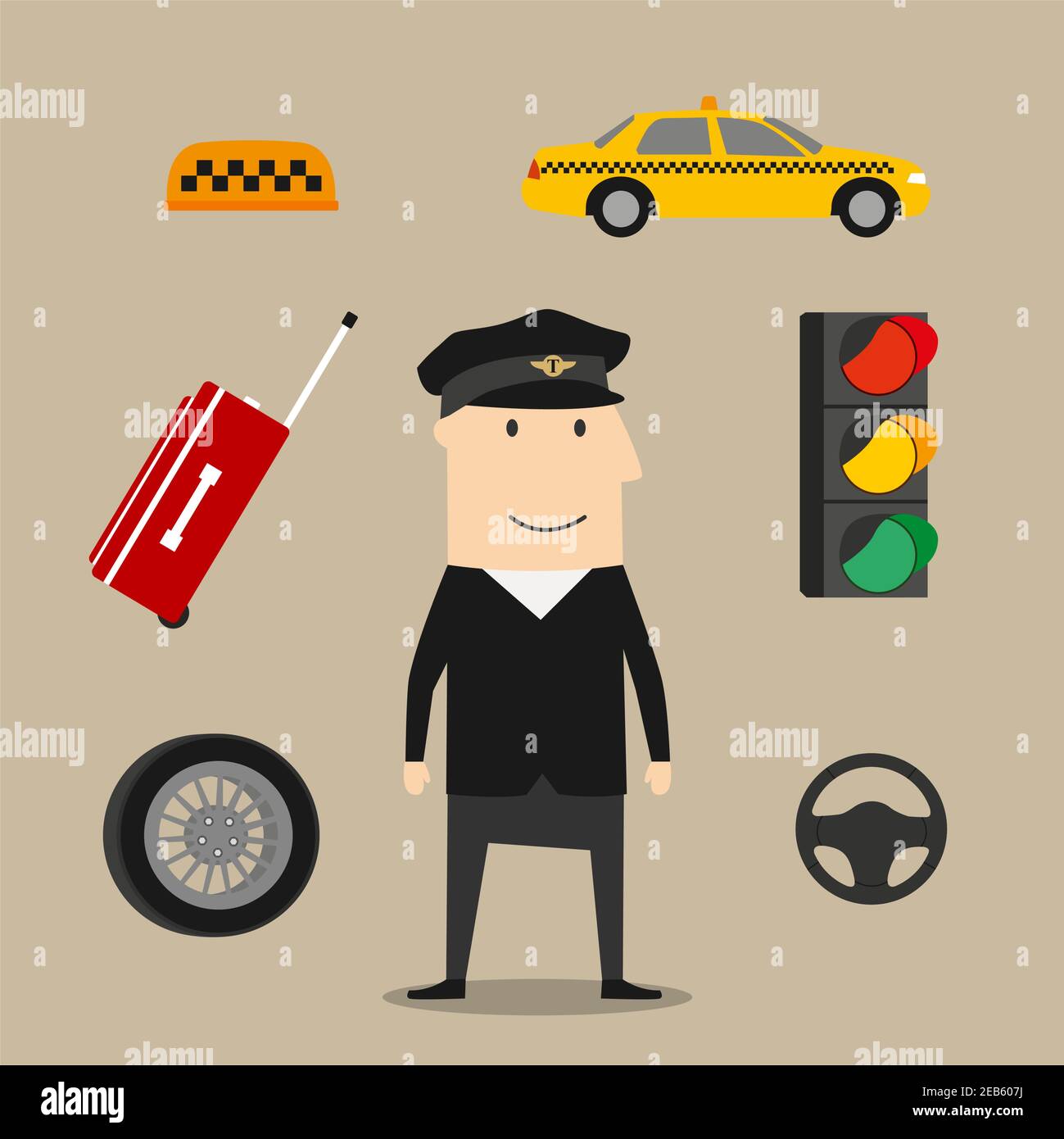 Taxi driver profession icons with man in uniform, yellow car and ...