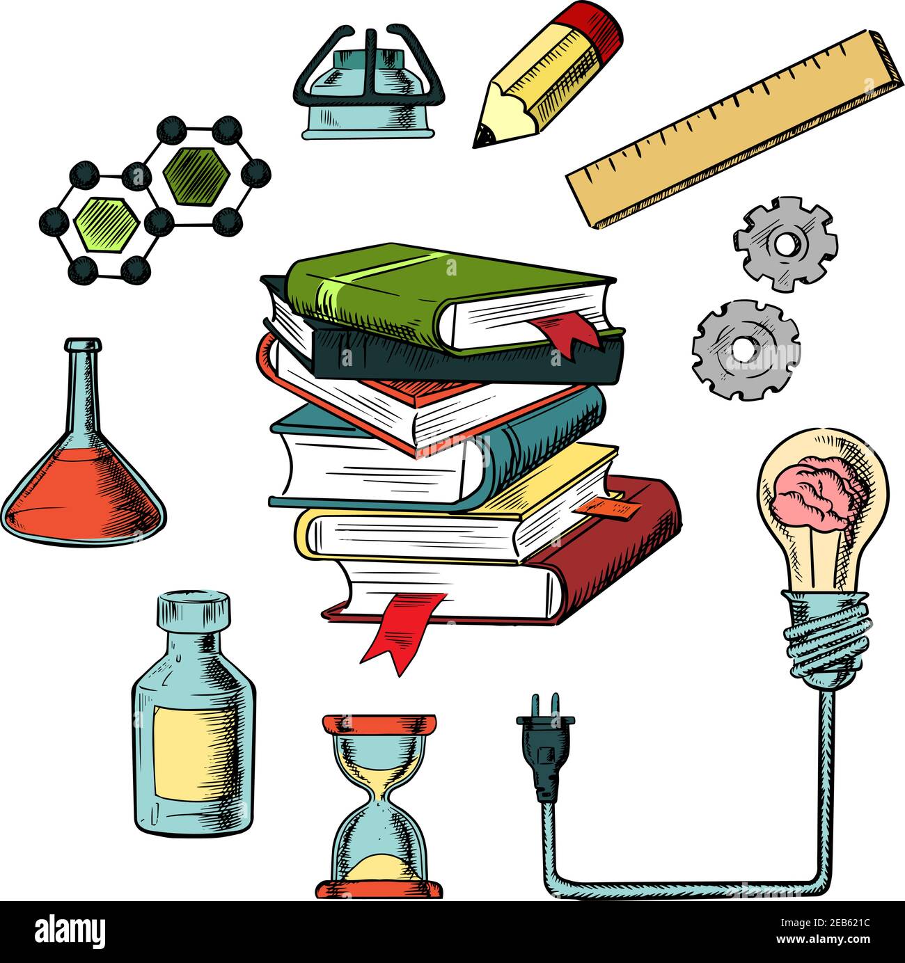 Knowledge, science and web education design with flasks, tubes, bottles ...