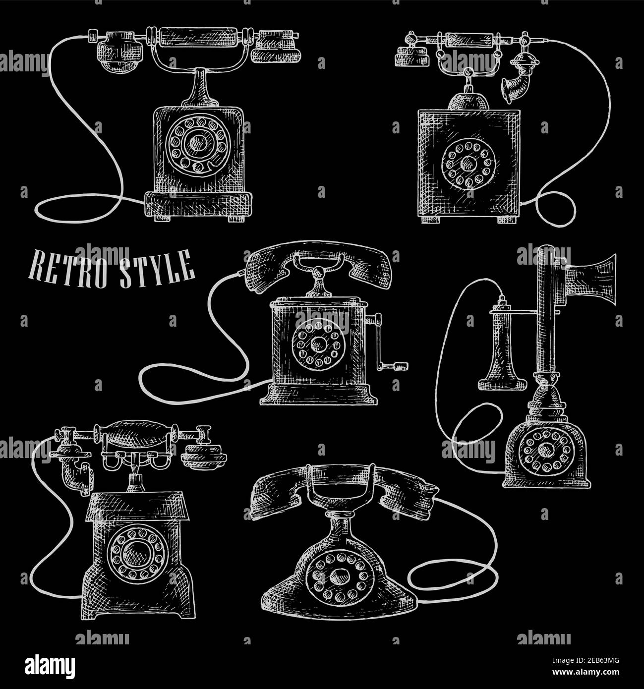 Old-fashioned chalk rotary dial telephones sketch icons with vintage ...