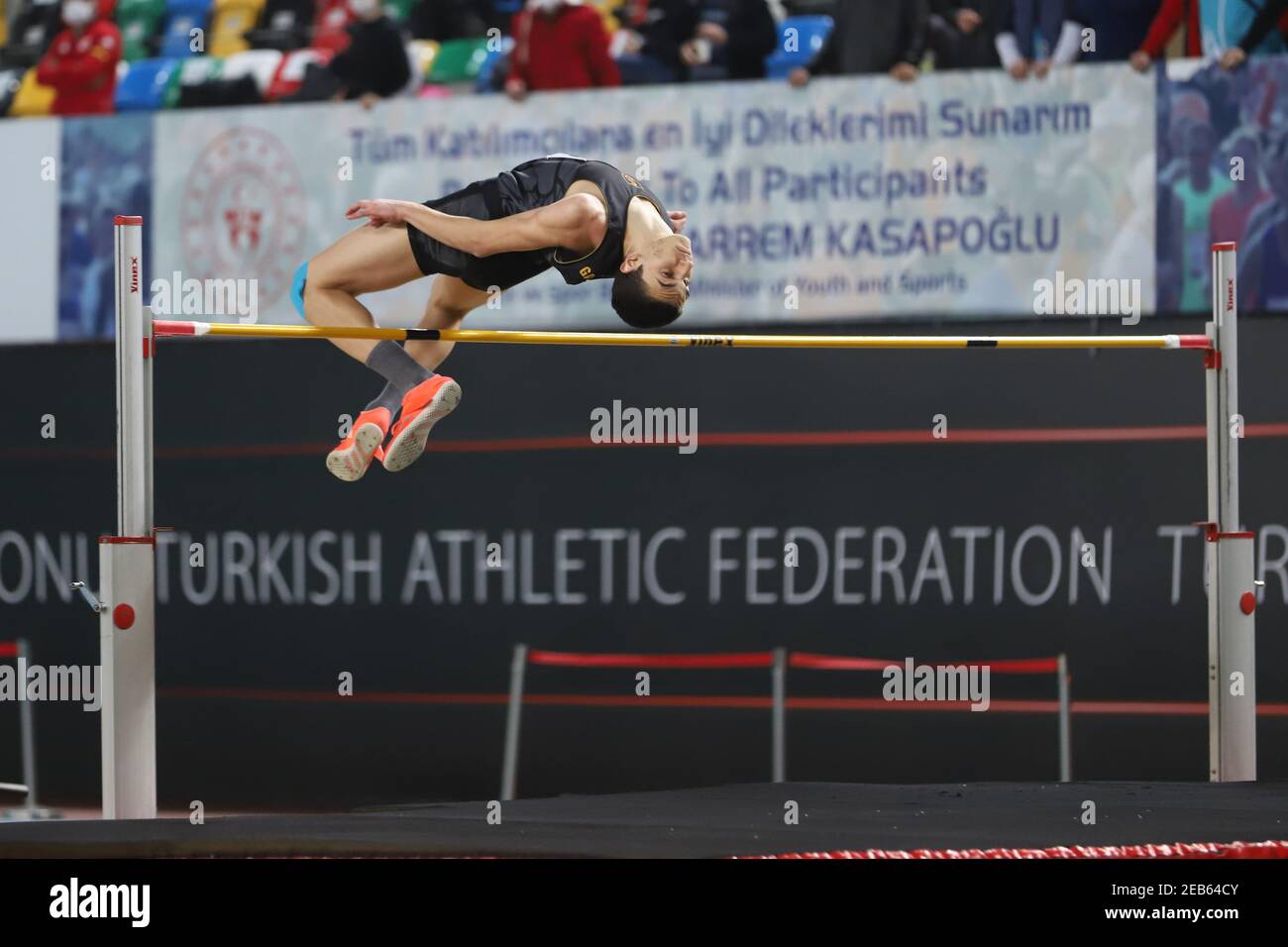 ISTANBUL, TURKEY - FEBRUARY 06, 2021: Undefined athlete high jumping ...