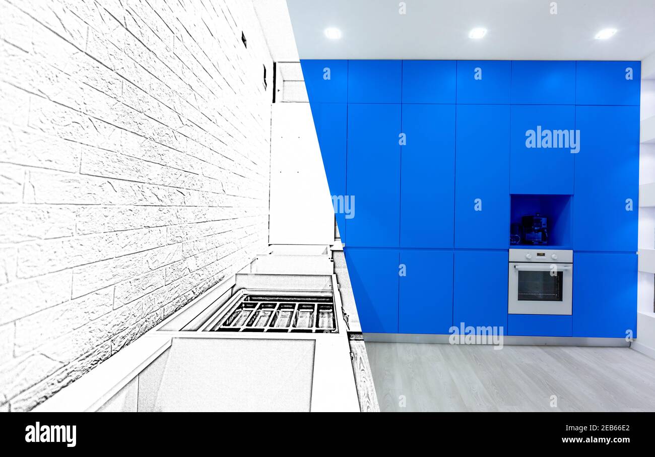 Drawing and planned Modern open kitchen in renovated house Stock Photo ...