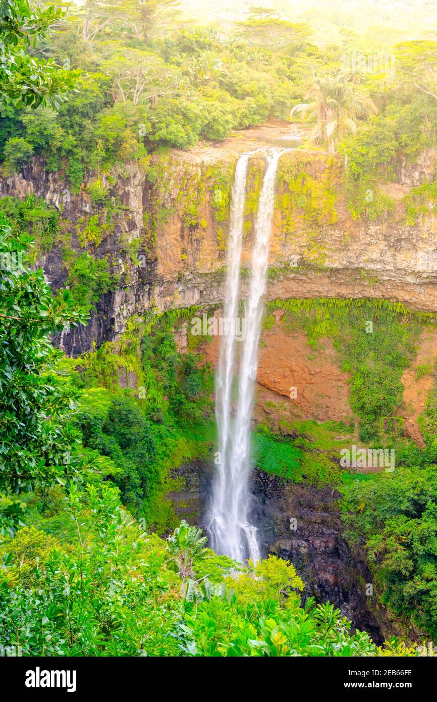 Chamarel Waterfall in lush tropical greenery of Mauritius, Indian Ocean ...