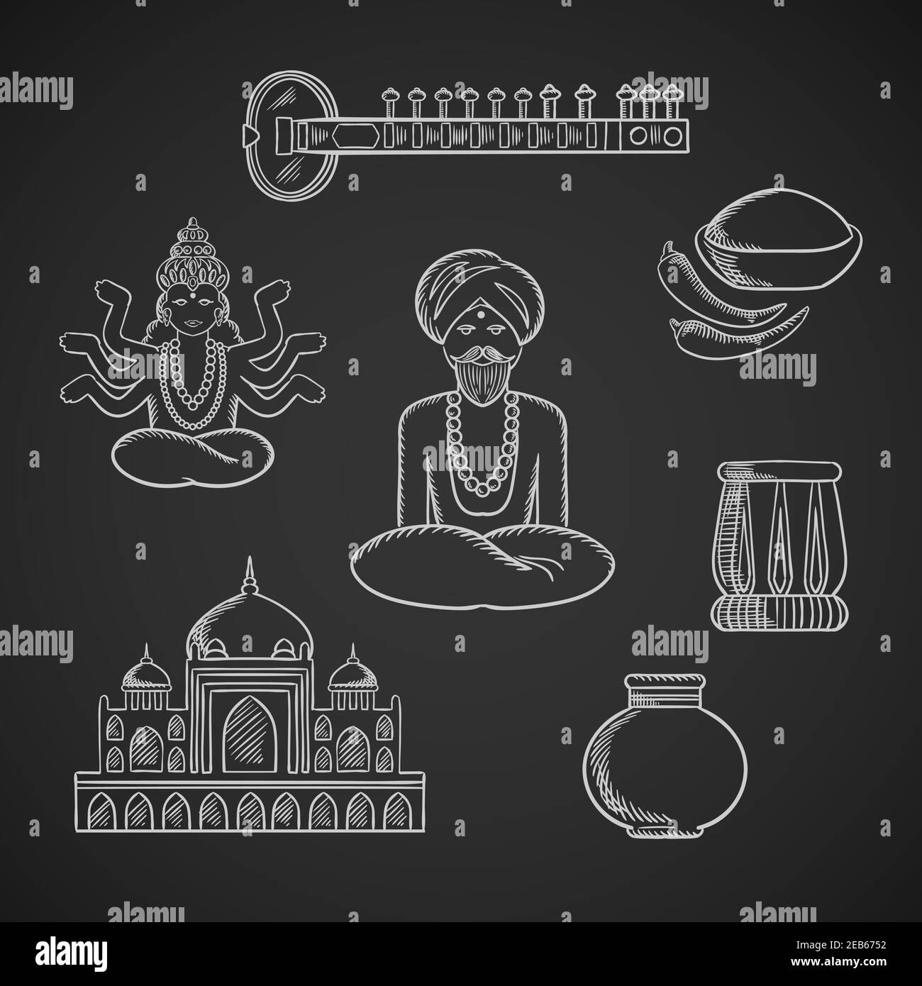 Indian culture and religion icons with Taj Mahal and sitar, fresh chili ...