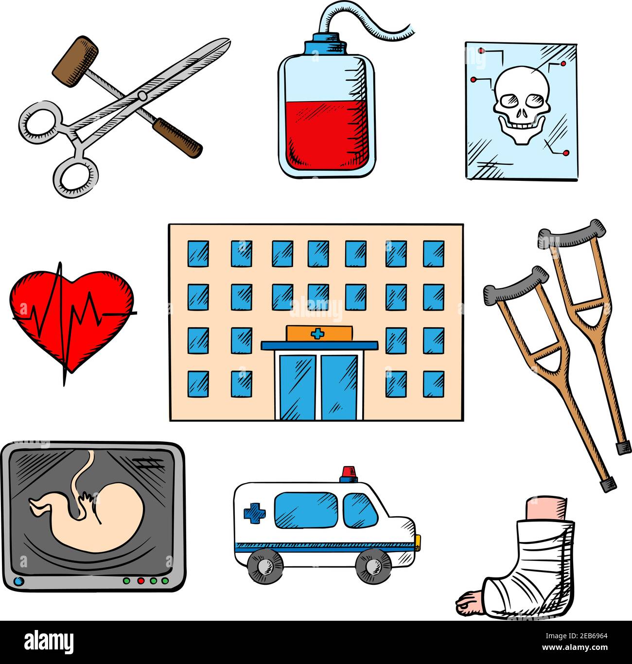 Hospital and medicine icons with a hospital building surrounded by an ...