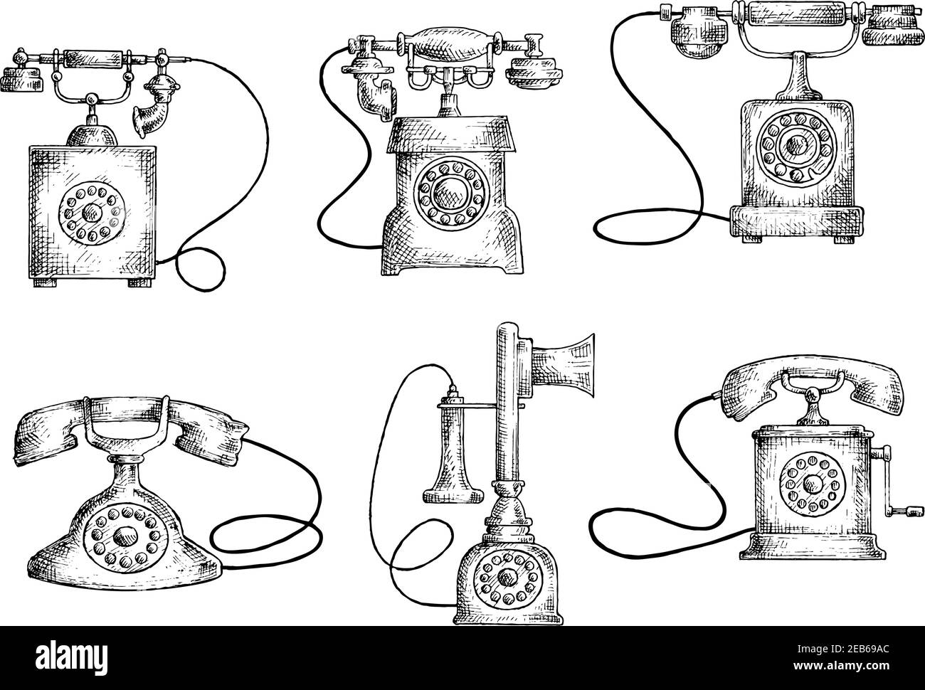 Retro telephones sketches with vintage candlestick and rotary dial phones. Obsolete ...