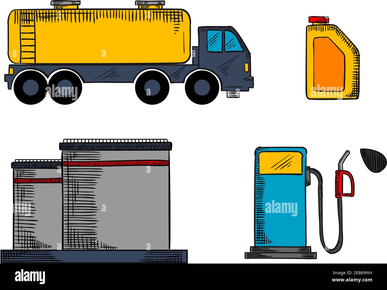 Oil industry storage, transportation and filling station icons with ...