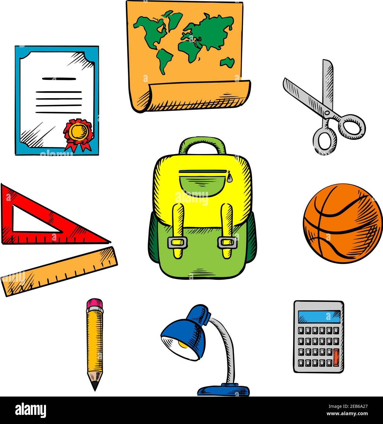 School and education objects icons with backpack, basketball ball, lamp ...