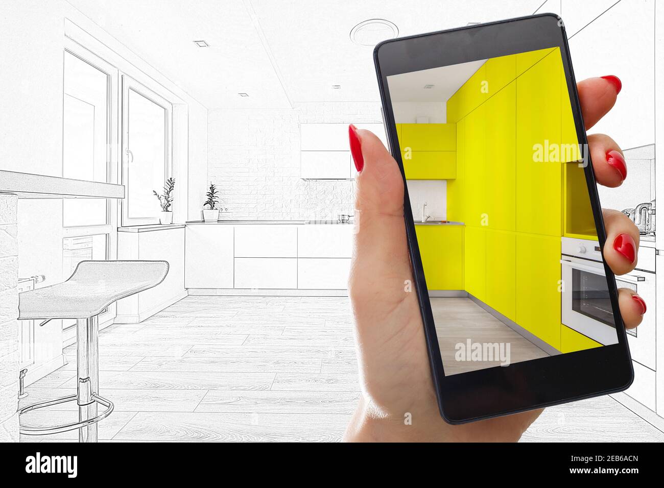 kitchen design using a phone, unusual interior digitally modified Stock ...