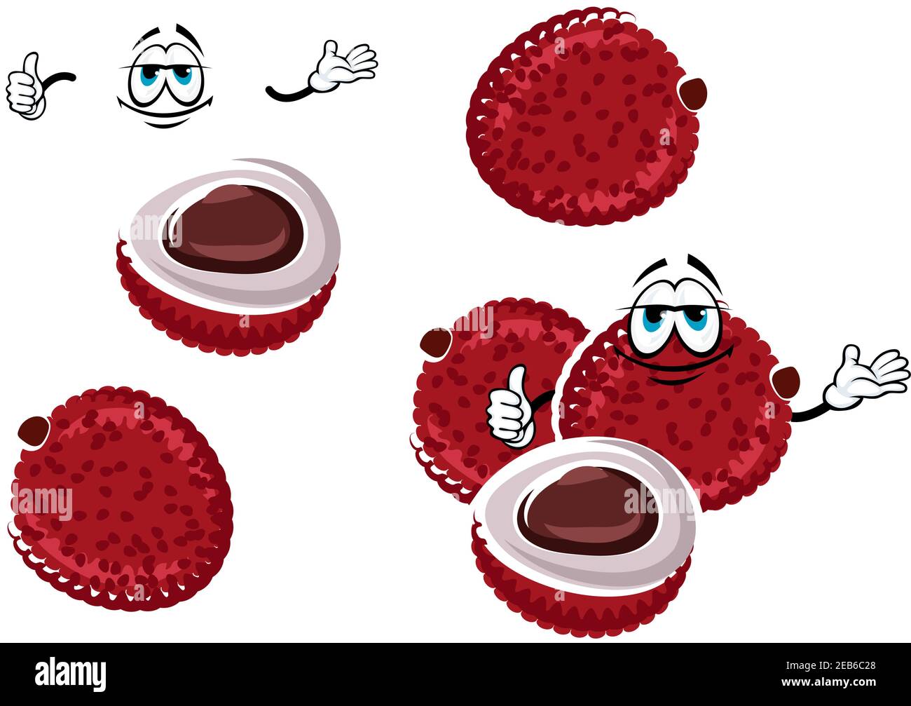 Smiling cartoon lychee fruits with pink and red peel, white sweet pulp ...