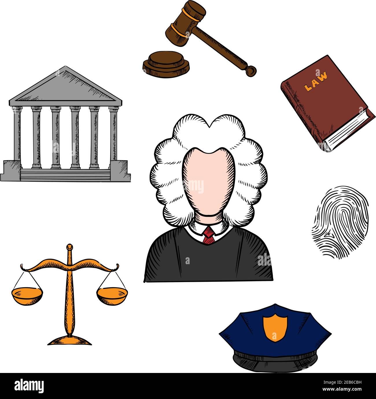 Law, judge and justice icons surrounding a lawyer with a courthouse ...