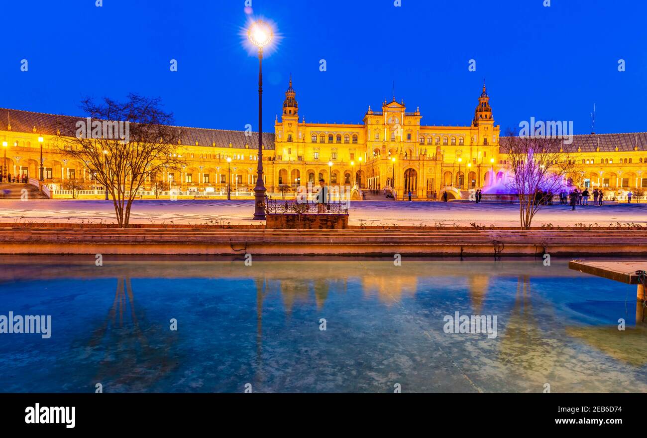 Spanish Steps, illuminated at night, in Seville, Andalusia, Spain Stock ...
