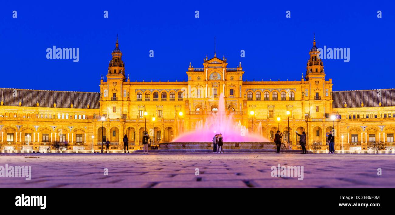Spanish Steps, illuminated at night, in Seville, Andalusia, Spain Stock ...