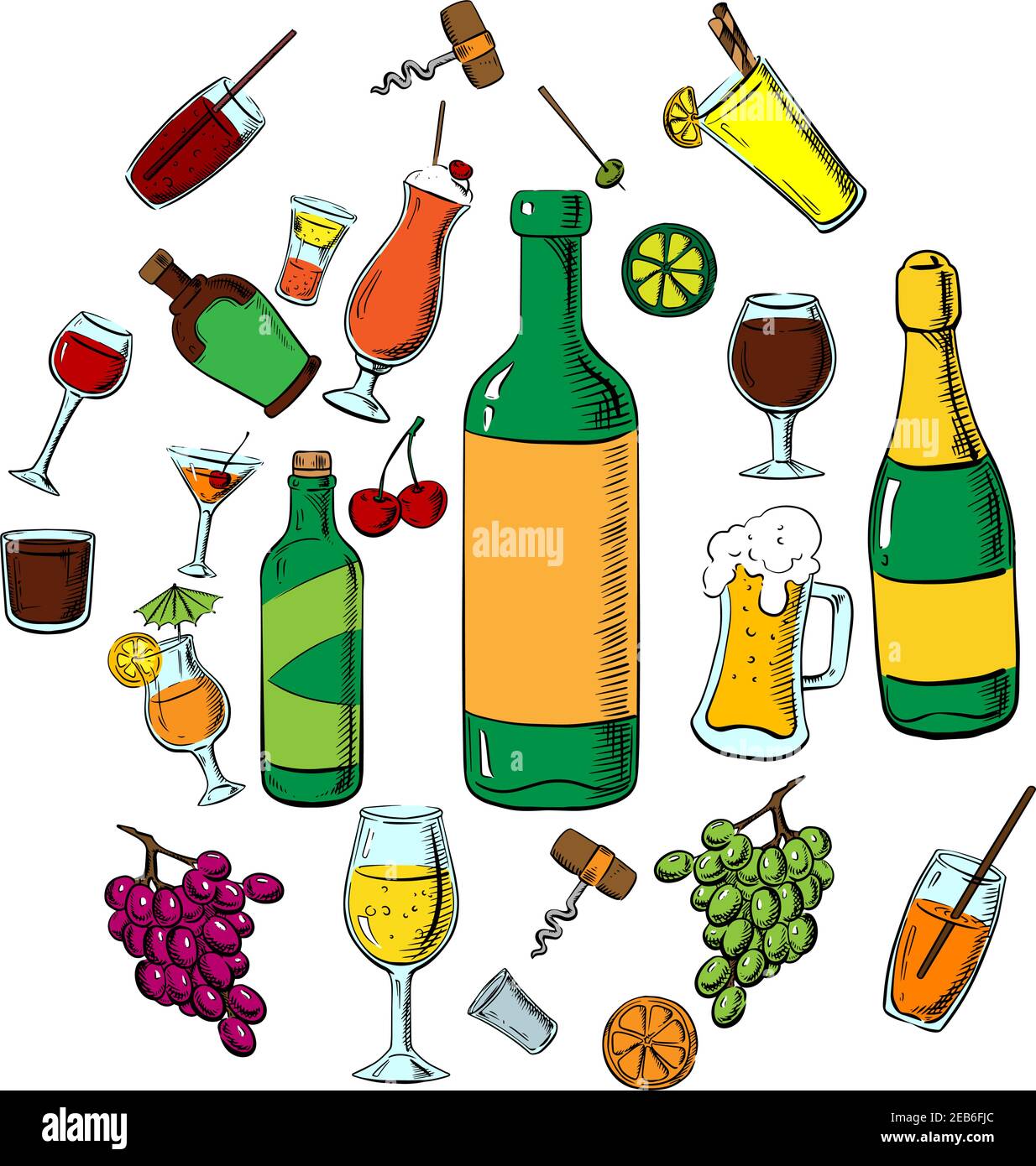 Cocktails, alcohol drinks and beverages with fruits, glasses and ...