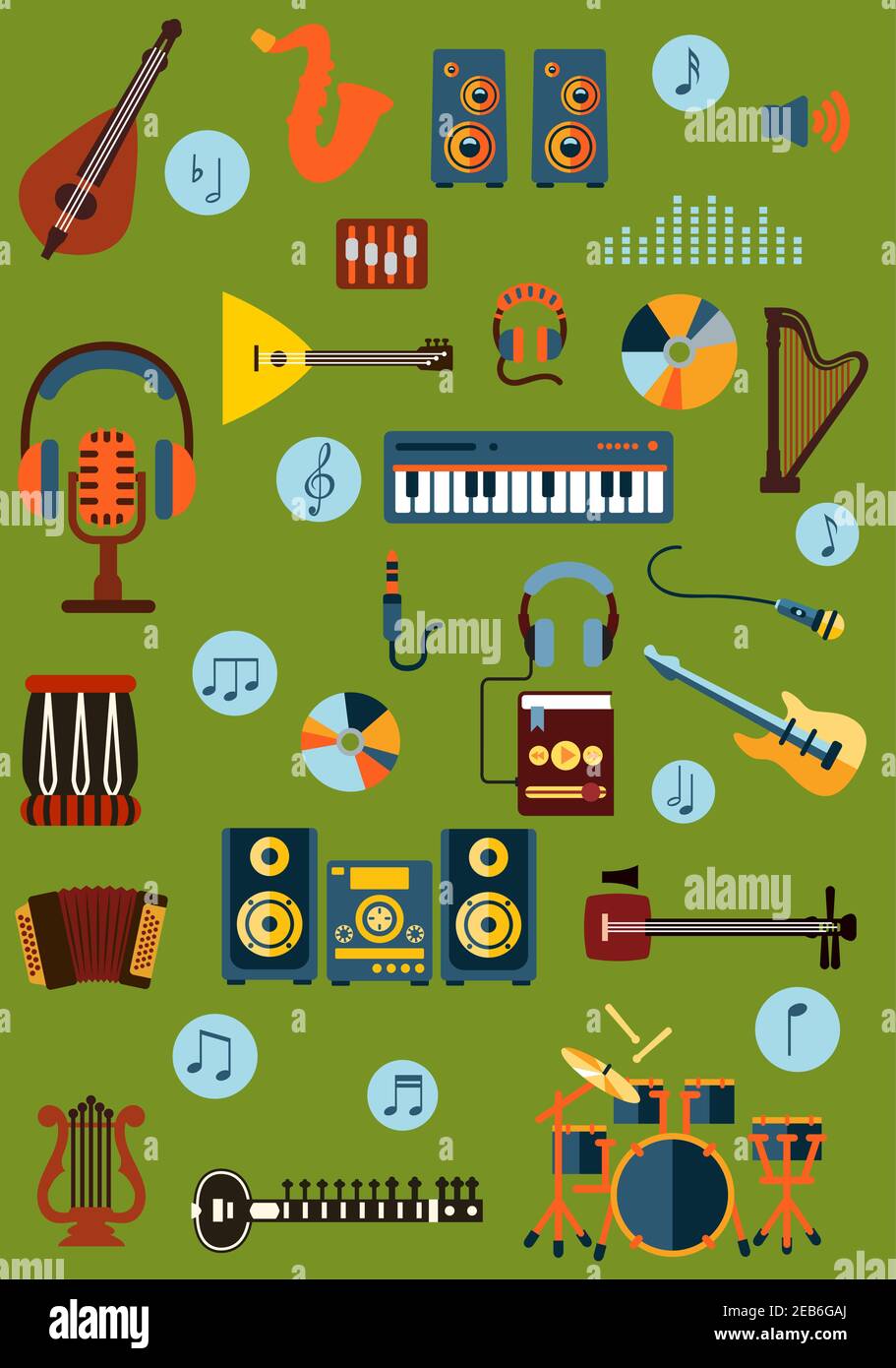 Musical flat icons with saxophone, electric guitar, synthesizer ...