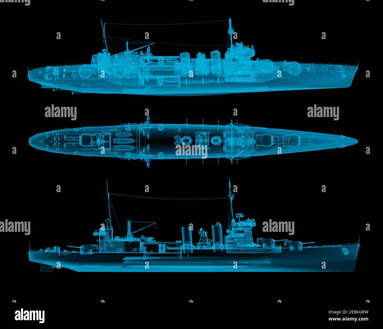 warship side view and top view isolated on white. 3d rendering Stock ...