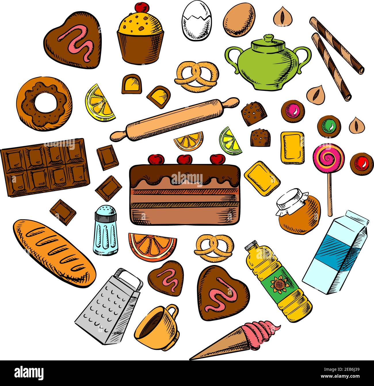 Pastry, dessert and confectionery icons with various bread, cakes ...