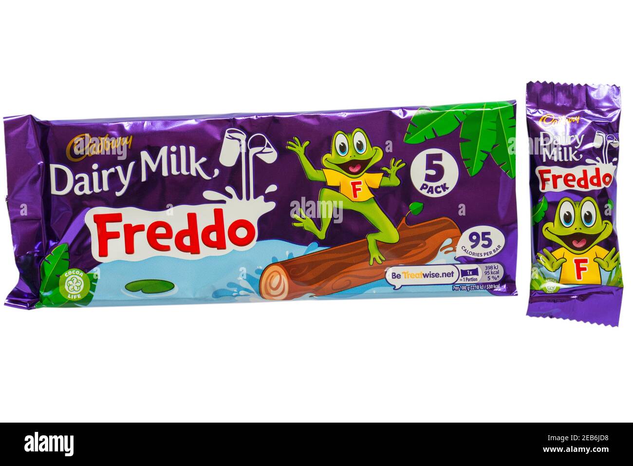 Packet of Cadbury Dairy Milk Freddo pack with one removed isolated on ...