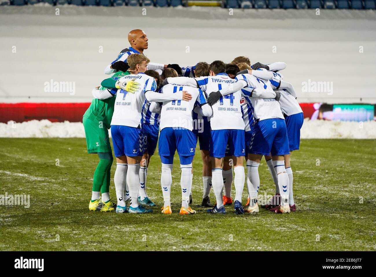 Odense, Denmark. 11th Feb, 2021. The players of Odense Boldklub unite ...