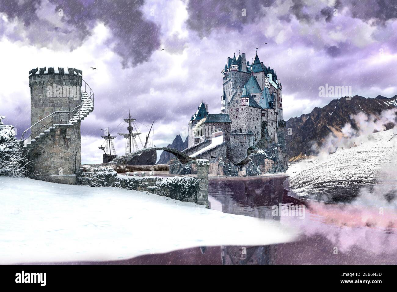 A fantasy landscape of a northern Land with castle and sailing ship ...
